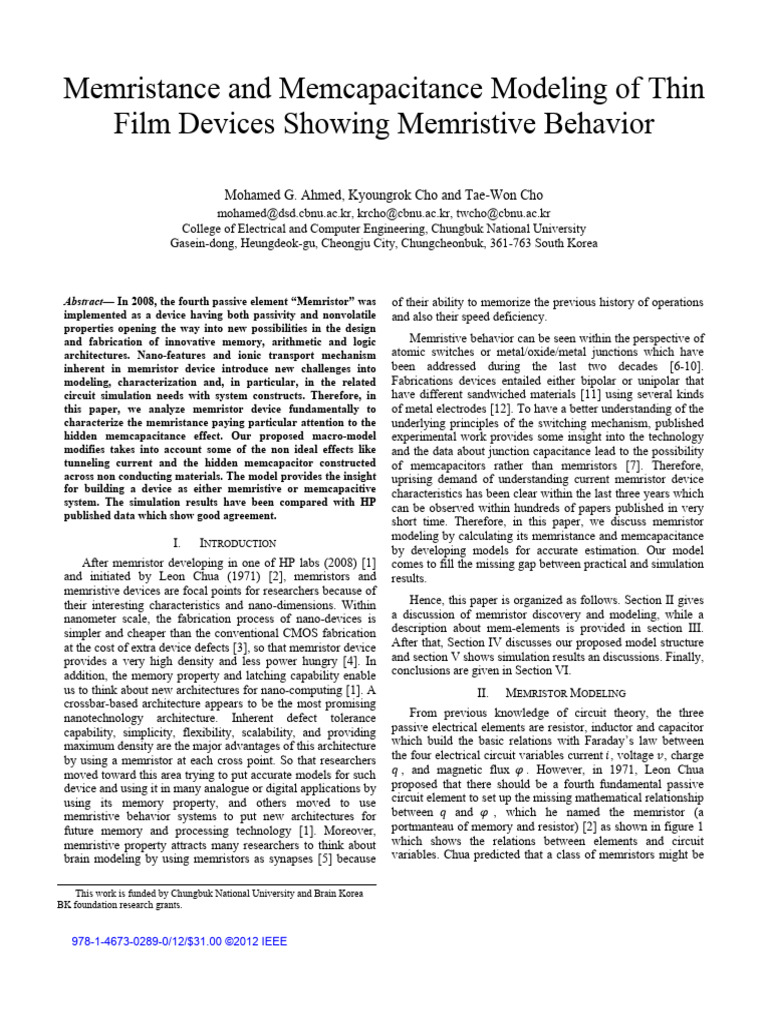 Memristance and Memcapacitance Modeling of Thin Film Devices Showing Memristive Behavior | PDF