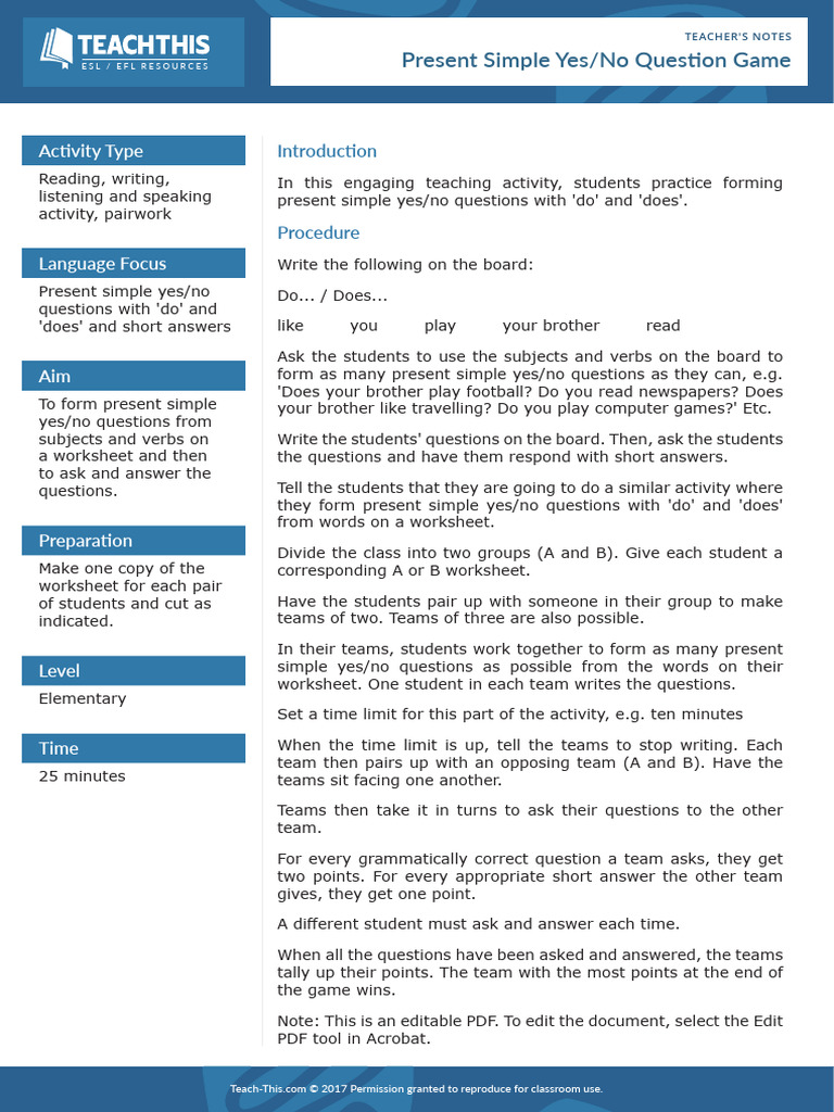 Present Simple Yes No Question Game Elementary (A1-A2) | PDF