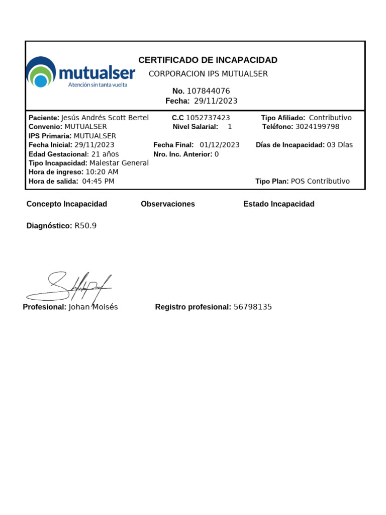 Incapacidad Mutual Ser | PDF