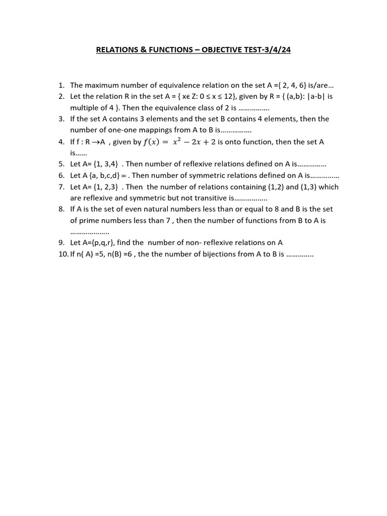 Relation & Function-Objective Test | PDF