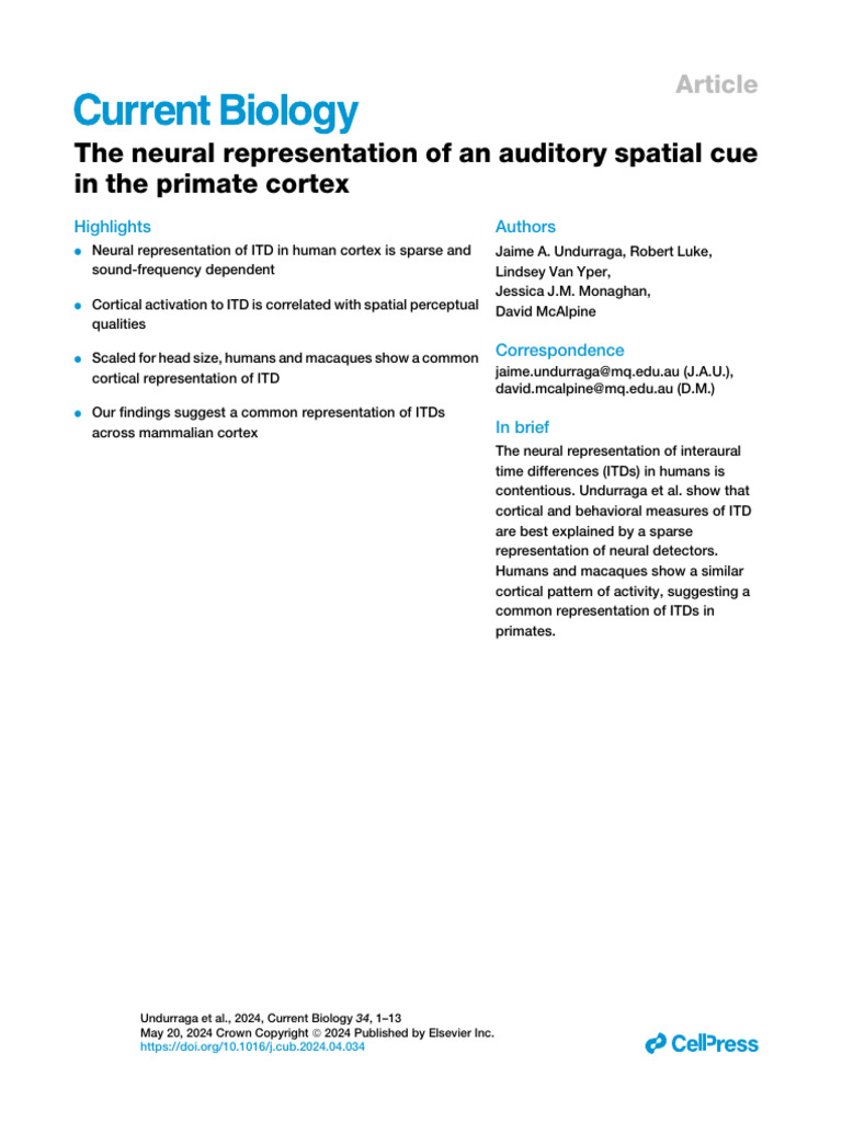 The Neural Representation of An Auditory Spatial Cue in The Primate ...