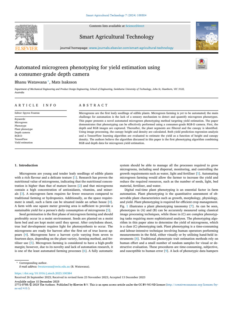 Automated Microgreen Phenotyping For Yield Estimation Using A Consumer-Grade Depth Camera | PDF