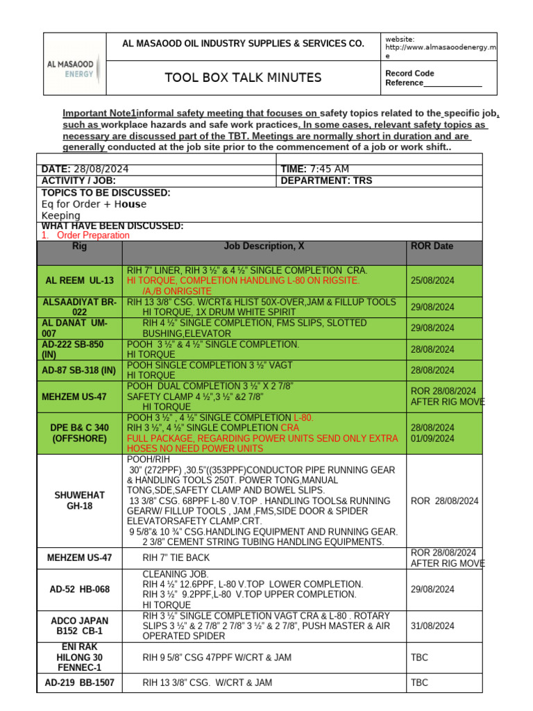 19. Tool Box Talk rev 28-08-2024 | PDF