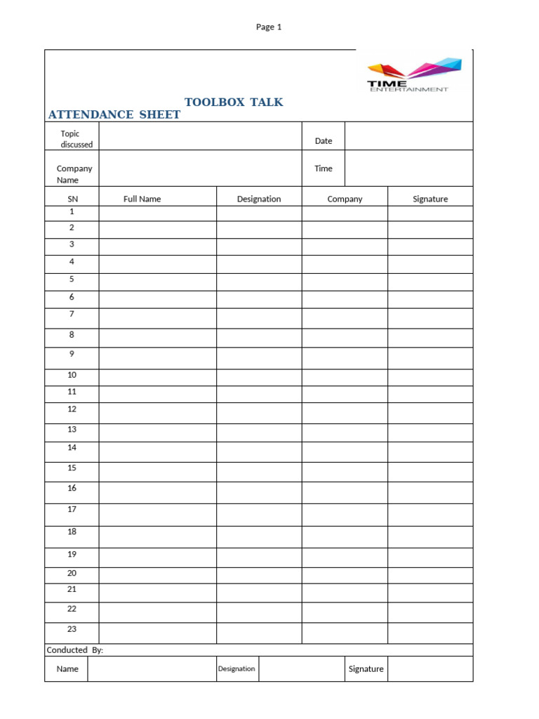 Toolbox Talk Attendance Sheet: Topic Discussed | PDF