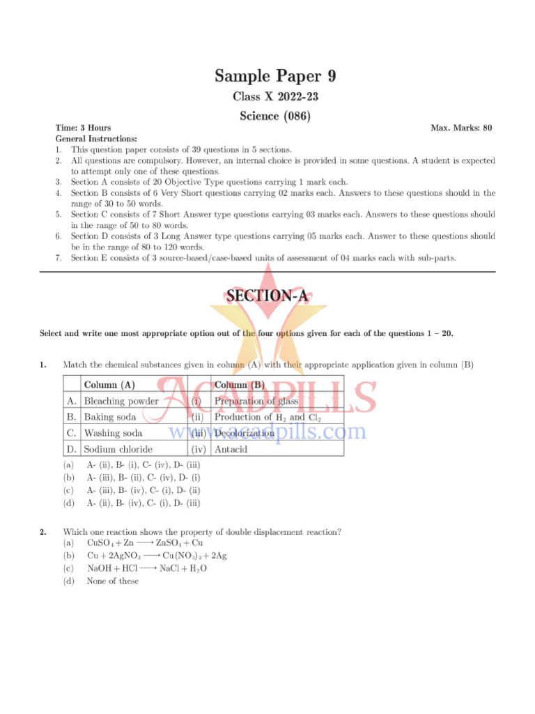 Science Sample Paper 9 | PDF