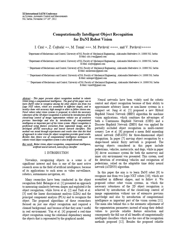 Computationally Intelligent Object Recognition For DaNI Robot Vision | PDF