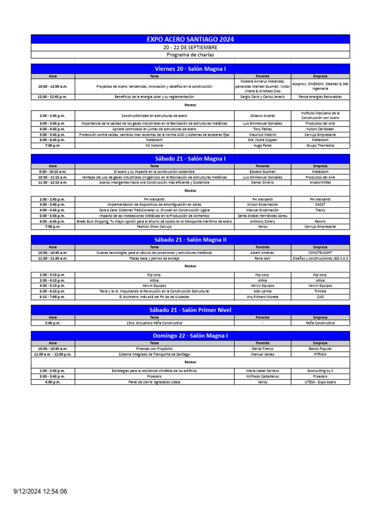 Programa Preliminar Expo Acero Santiago 2024 - 12 Septiembre 2024 | PDF