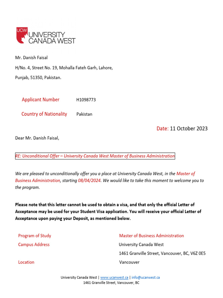 UCW Offer Letter | PDF