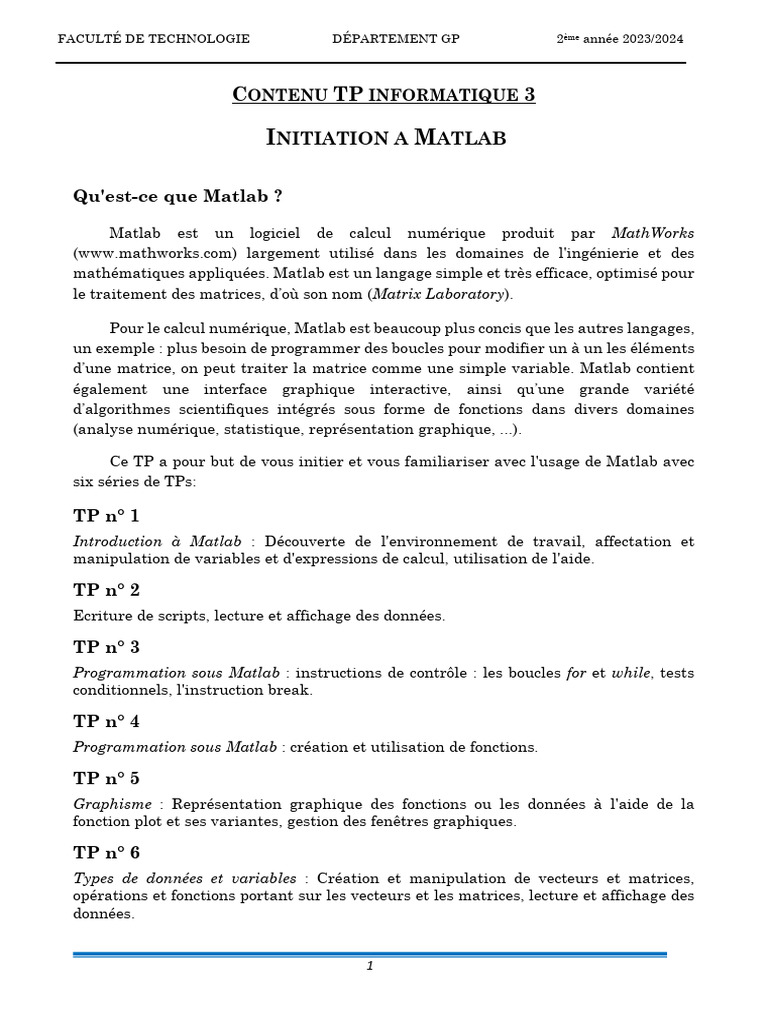 Chapitre 1 | PDF | MATLAB | Programmation informatique