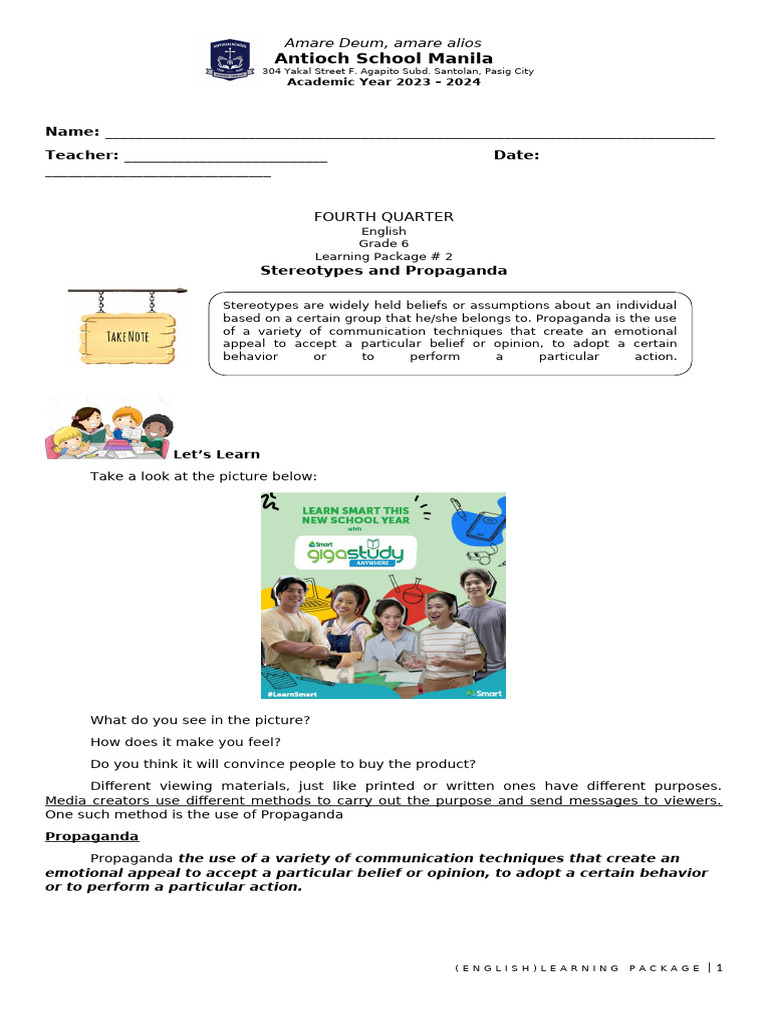 Grade 6 English: Stereotypes & Propaganda | PDF | Propaganda | Stereotypes
