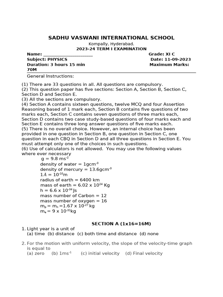 2023-24 - GR 11 - TERM I - PHYSICS - QP | PDF