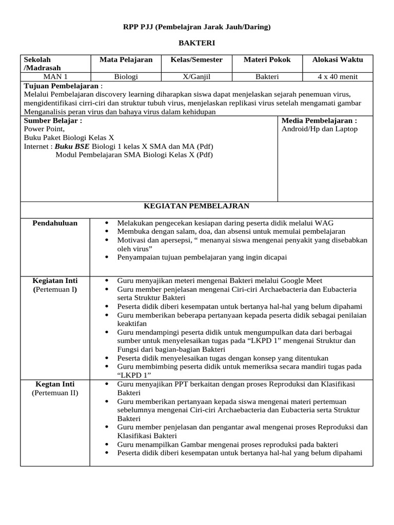 RPP PJJ Materi Bakteri | PDF