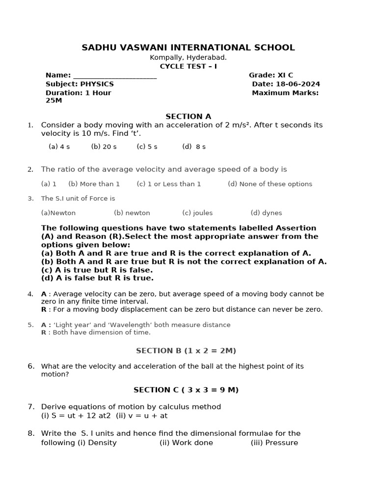 2024-25 GR 11 Physics CT I QP | PDF