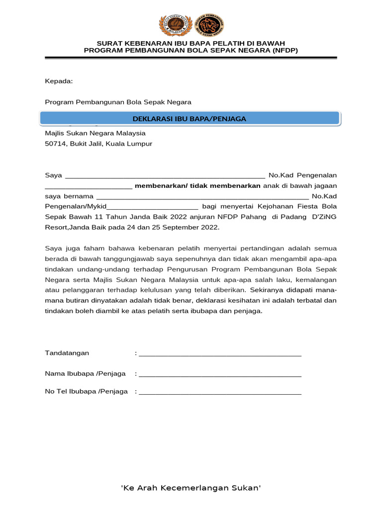 Surat Kebenaran Ibu Bapa U11 Janda Baik 2022 | PDF