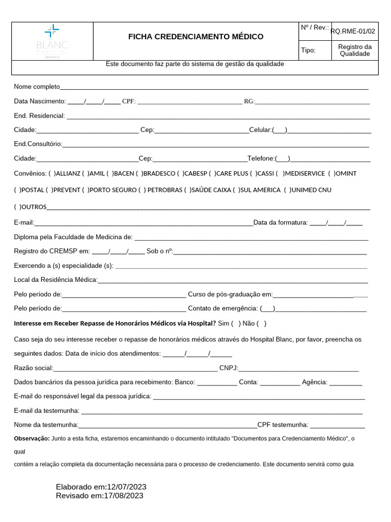 RQ - RME-01 Ficha Credenciamento SP Atual | PDF