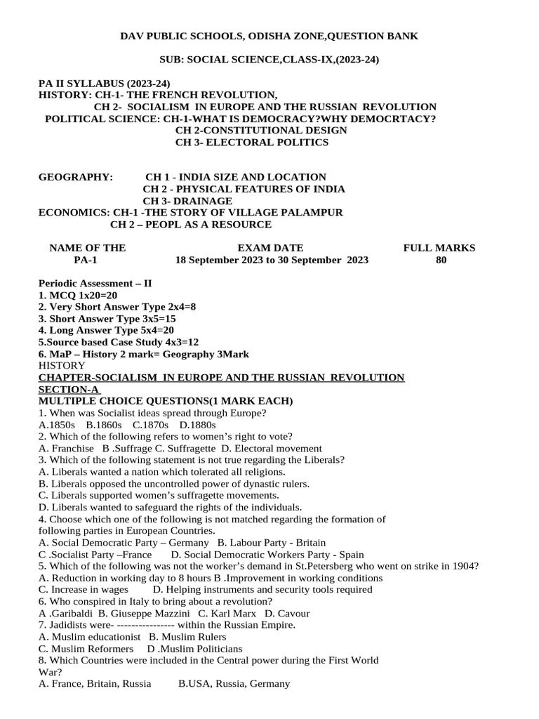 Social Science Question Bank Class SST Ix 23-24 | PDF