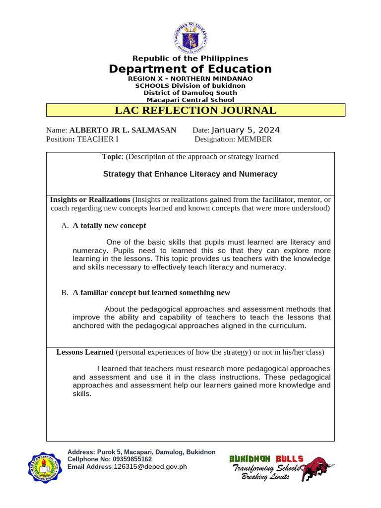 LAC REFLECTION JOURNAL - Gule | PDF | Teachers | Pedagogy