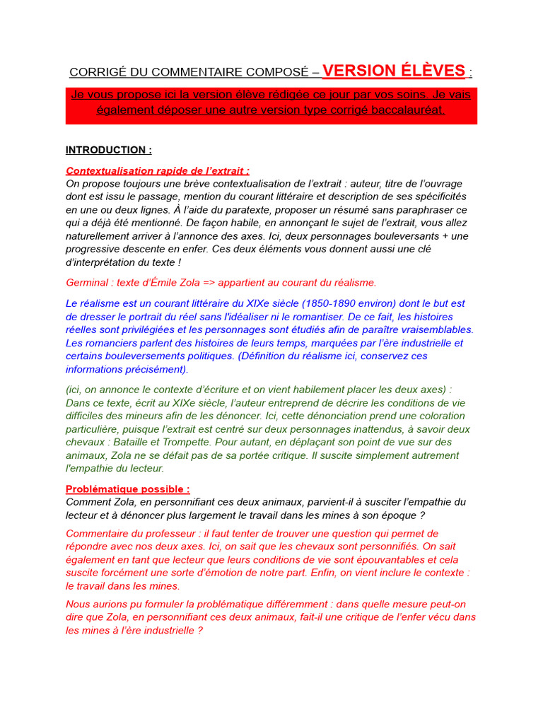 Corrigé Du Commentaire Composé - Version Élèves | PDF