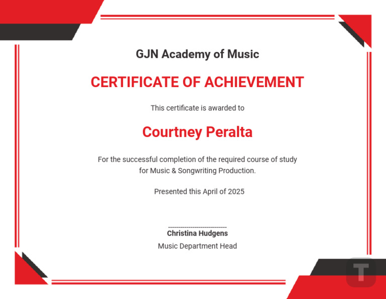 Music Achievement Award Certificate Template | PDF