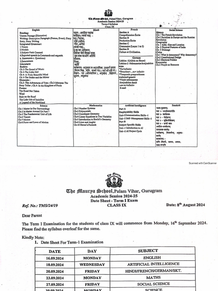 Grade 9 Term-1 Syllabus and Date Sheet | PDF