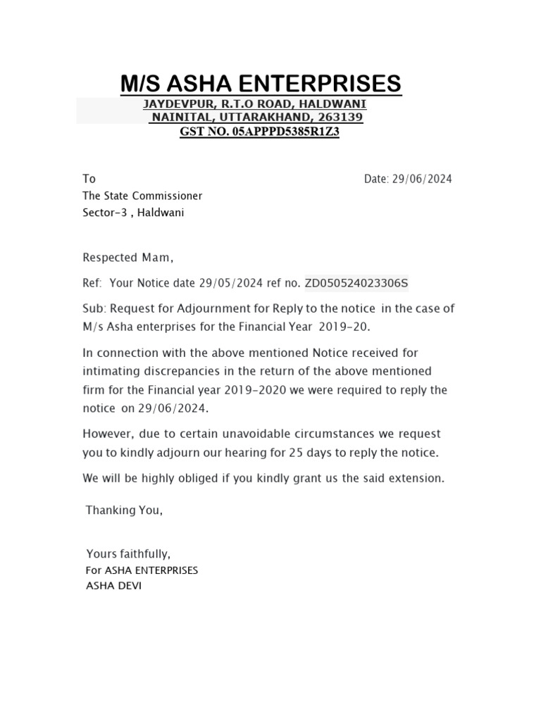 Asha Adjournment Letter | PDF