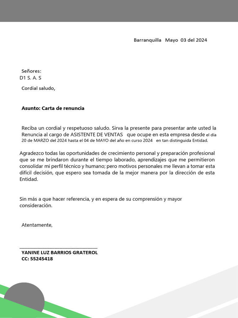 Carta de Renuncia Yanine | PDF
