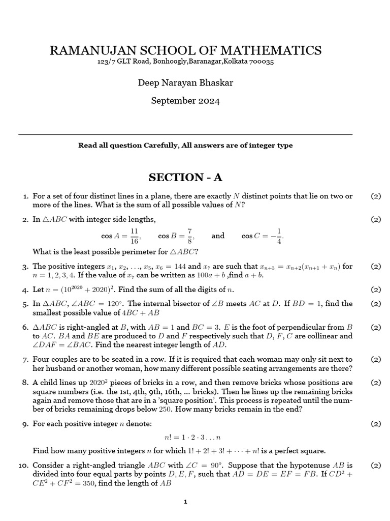 IOQM - Mock - 2024 (Updated) | PDF