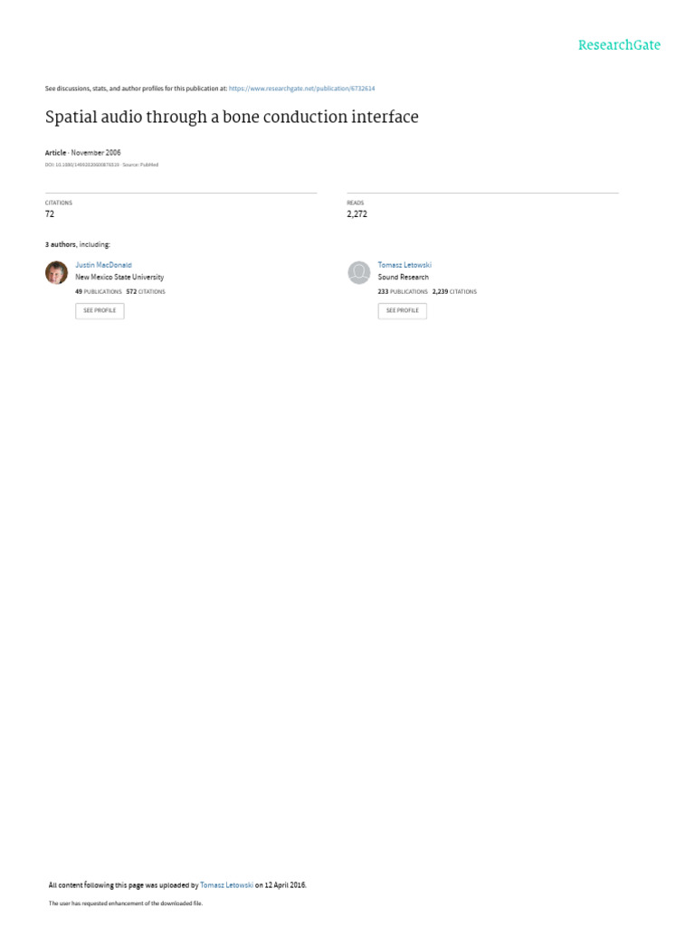 Spatial Audio Through A Bone Conduction Interface | PDF