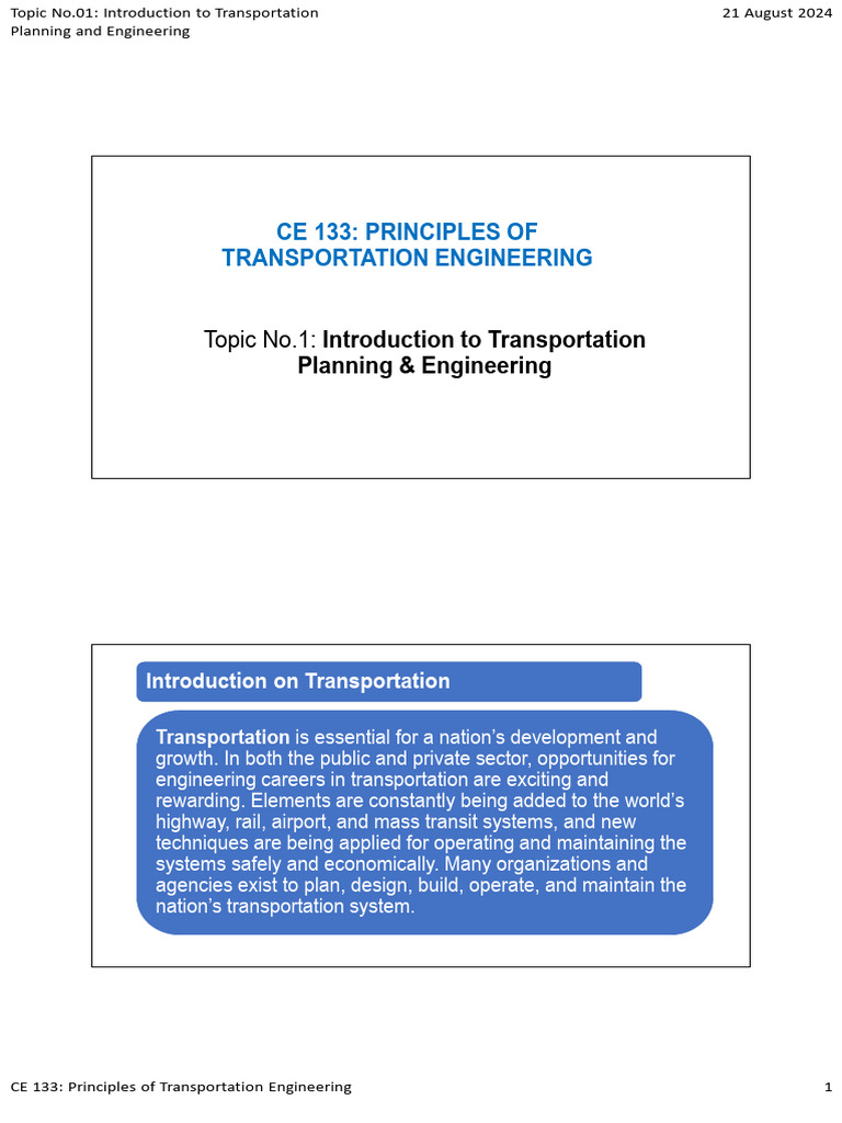 CE 133 - TOPIC NO. 01 Introduction To Transportation Planning and ...
