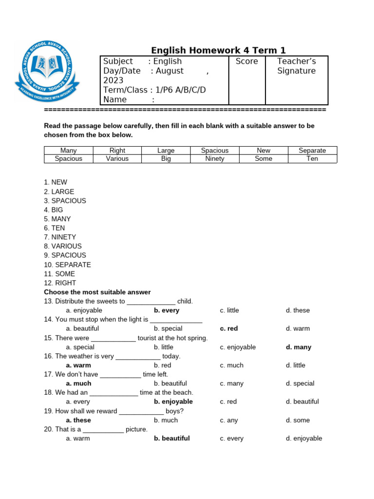 Answer Key Hw4 English | PDF