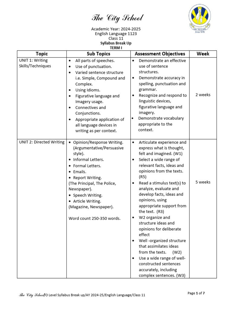 'English Language Class 11 AY 2024-25 | PDF