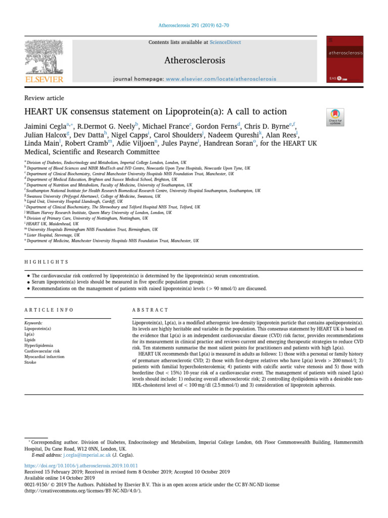 HEART UK Consensus Statement On Lipoprotein (A) - A Call To Action ...