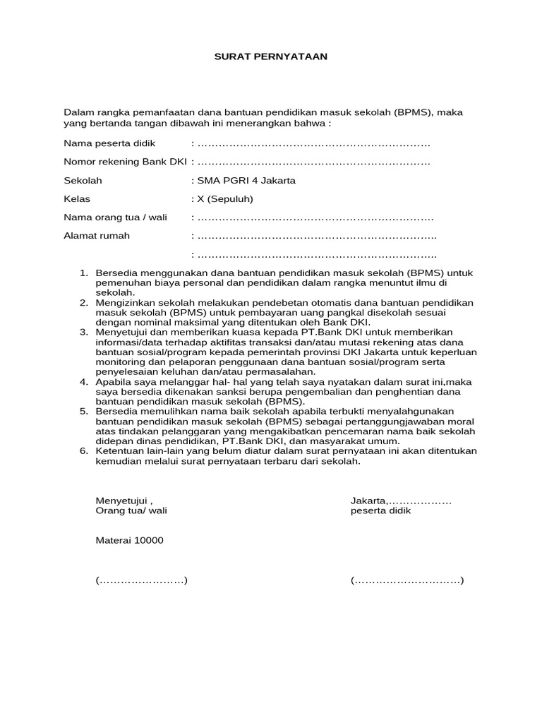 Surat Pernyataan Bpms | PDF