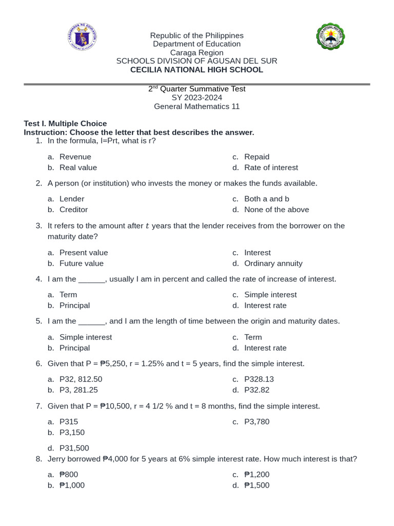 2nd Gen Math Summative | PDF | Interest | Compound Interest