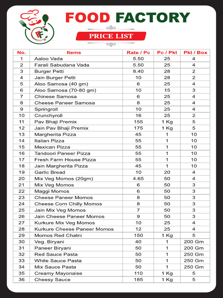 Food Factory Price List 2024 | PDF