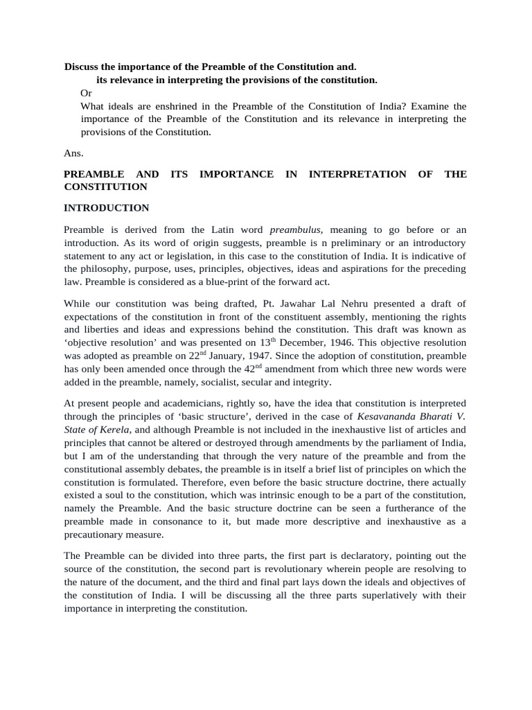Discuss The Importance of The Preamble of The Constitution and | PDF