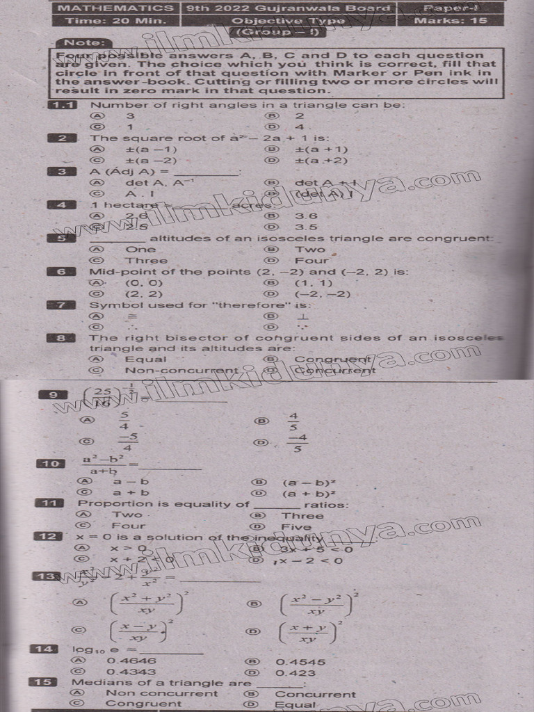 Past Paper 2022 Gujranwala Board 9th Class Mathematics Group I ...