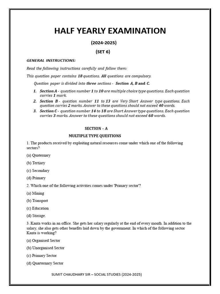 Half Yearly Examination: General Instructions | PDF