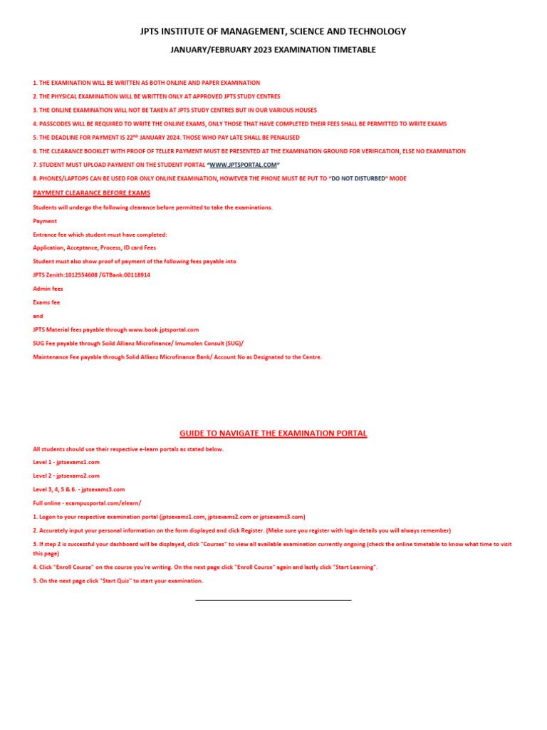 Adjusted Jpts Jan-feb 2024 Examination Timetable | PDF