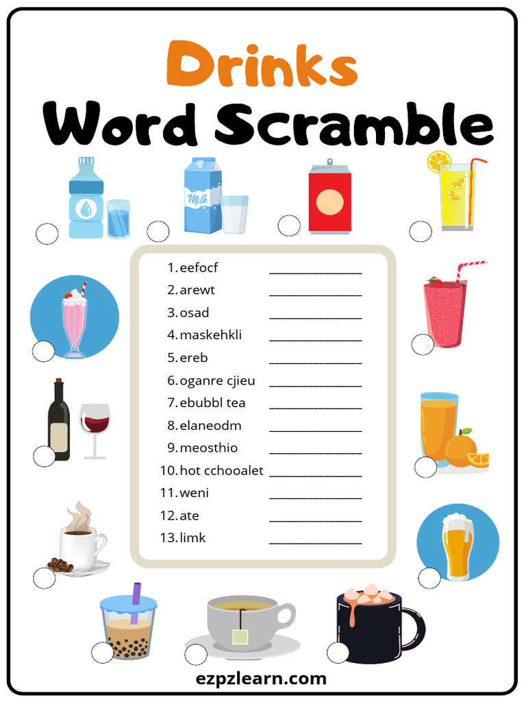Drinks Word Scramble 1 | PDF
