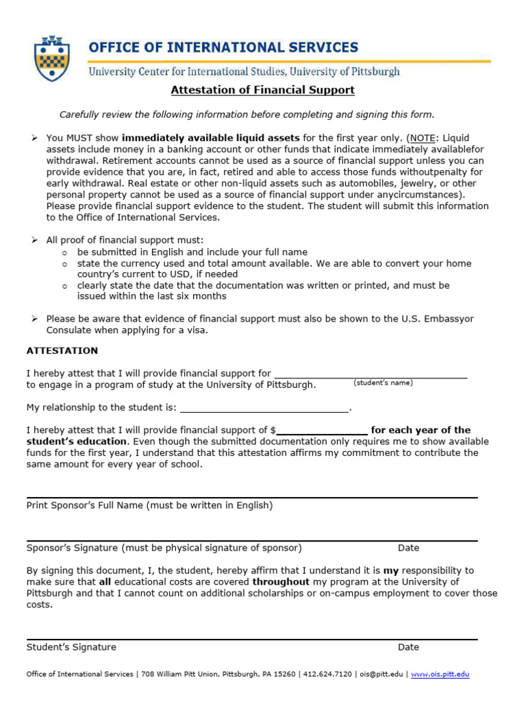 Attestation of Financial Support Pitt | PDF