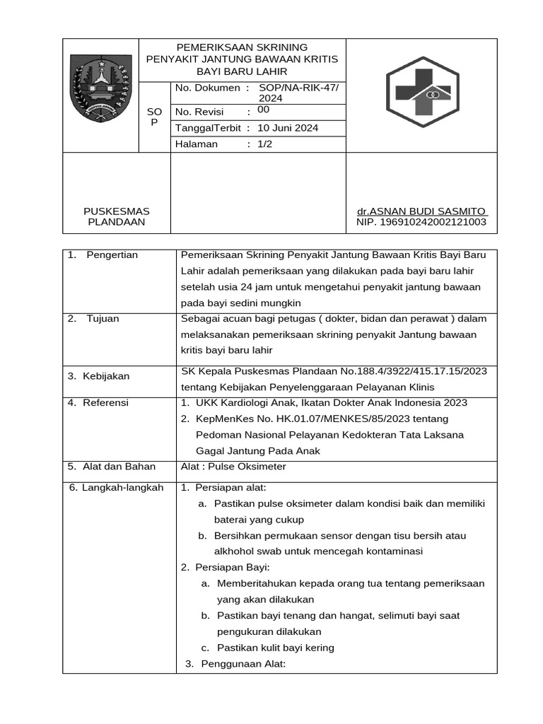 SOP PEMERIKSAAN PJB KRITIS (Pakai) | PDF