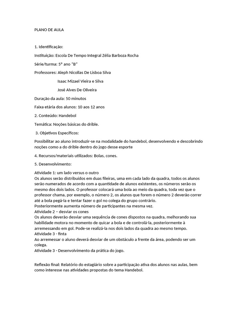 PLANO DE AULA Handebol Drible | PDF