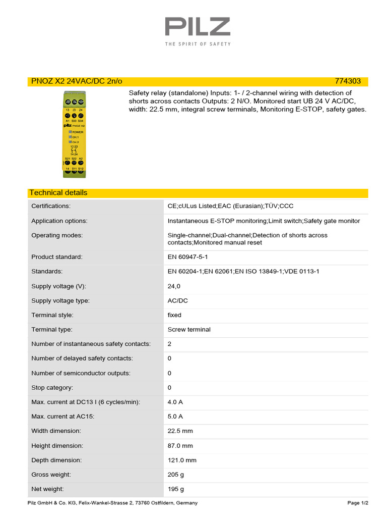 Pnoz X2 24Vac/Dc 2N/O 774303: Pilz GMBH & Co. KG, Felix-Wankel-Strasse ...