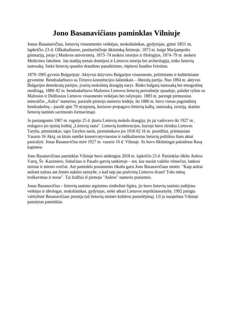 Jono Basanavičiaus Paminklas Vilniuje | PDF
