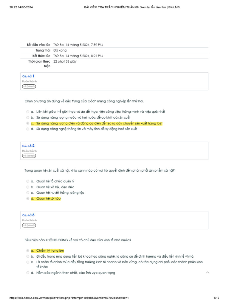 BÀI KIỂM TRA TRẮC NGHIỆM TUẦN 08 - Xem lại lần làm thử - BK-LMS | PDF