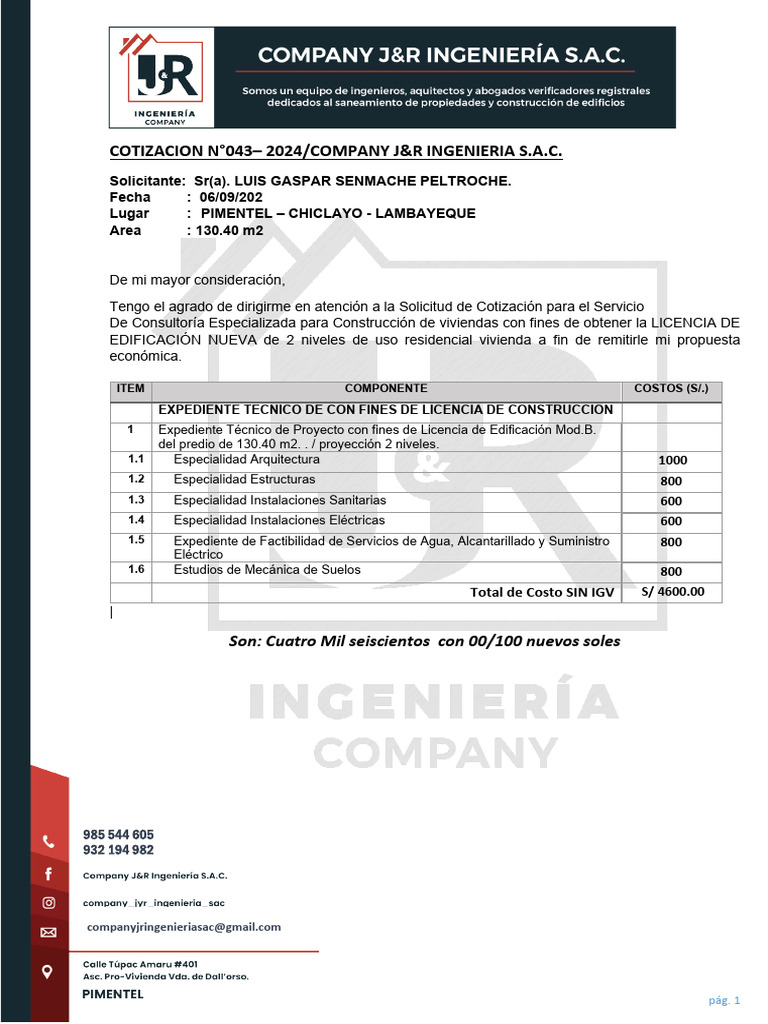 Cotizacion 043-2024 - Exp. Licencia de Edificacion - Pimentel | PDF | Ingeniería | Tecnología