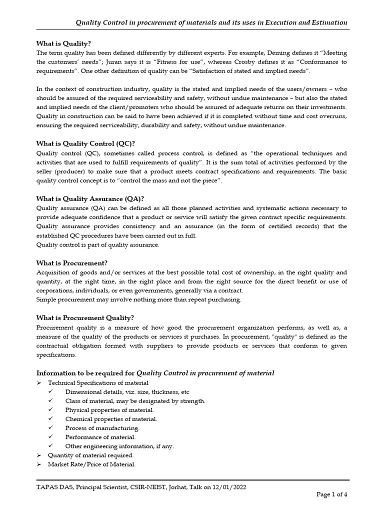 Quality Control in Procurement of Materials and Its Uses in Execution ...