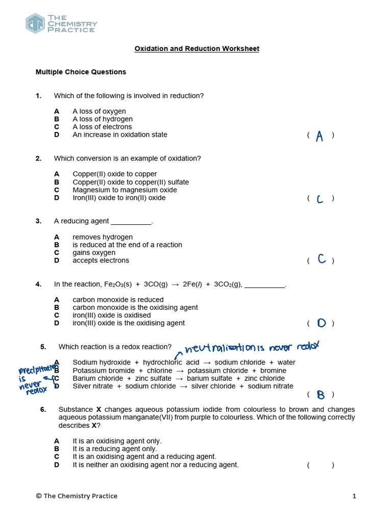 Oxidation and Reduction (Worksheet) | PDF