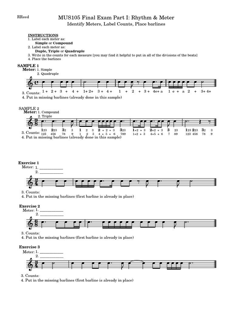 Rhythm & Meter Exam: Identify and Label | PDF | Music Theory ...